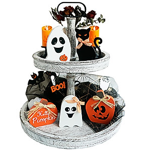 Halloween Wood Signs Decorations Halloween Wooden Signs Pumpkin Ghost Black Cat Freestanding Table Signs, Halloween Tiered Tray Decor for Rustic Farmhouse Home Mantle