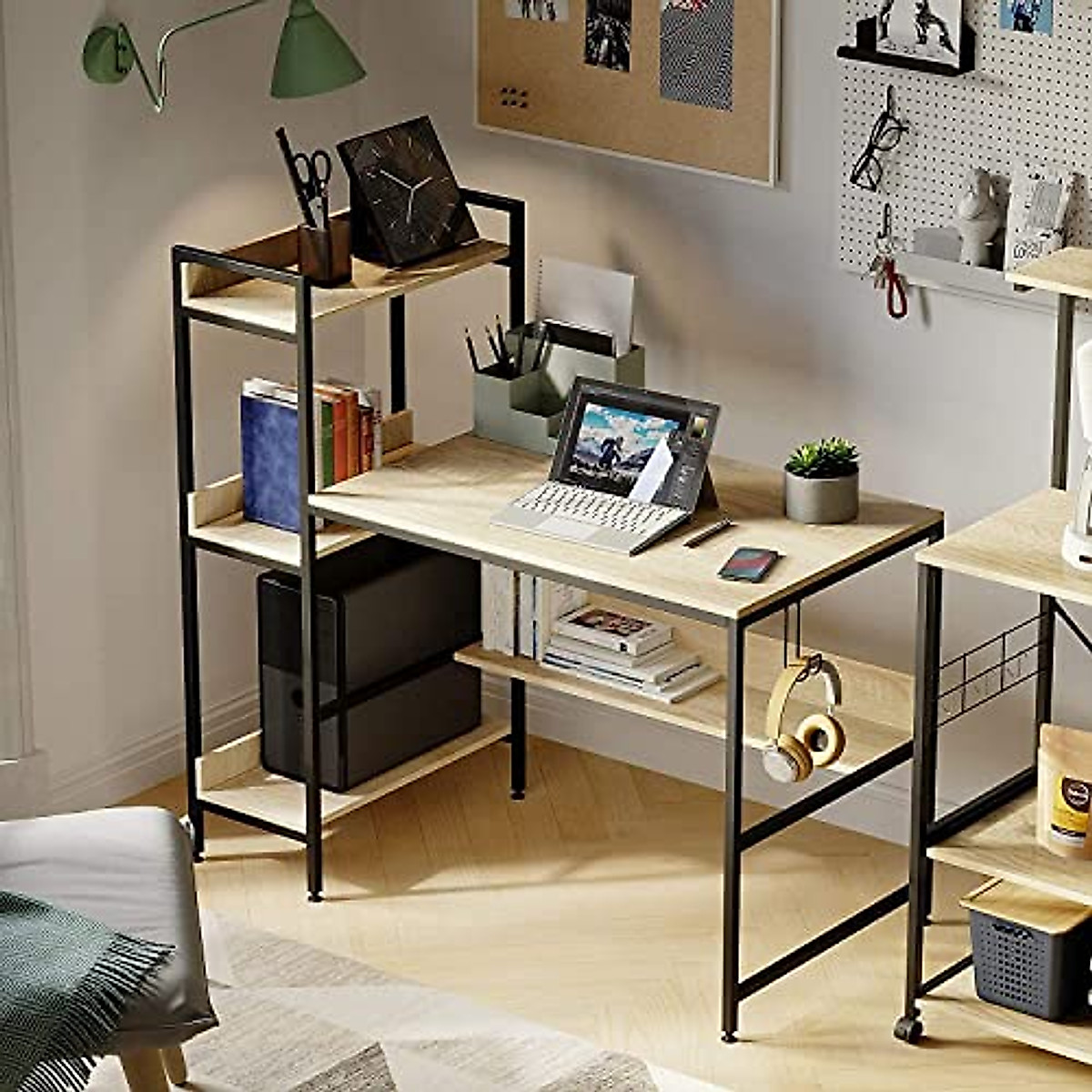 Bestier Computer Desk with Storage Shelves 47 Inch Ladder Writing Desk Bedroom Organization for Small Space Reversible Bookshelf and Under Desk Shelf (Oak)