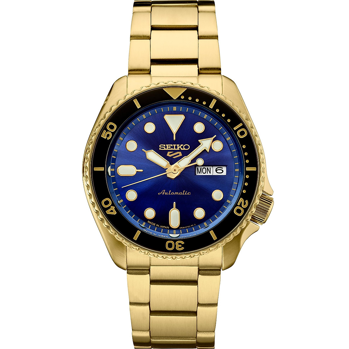 SEIKO SRPK20 Automatic Watch for Men - 5 Sports Collection - Men's Sport Watch with Stainless Steel Gold Finish, Blue Dial - Water-Resistant 100M