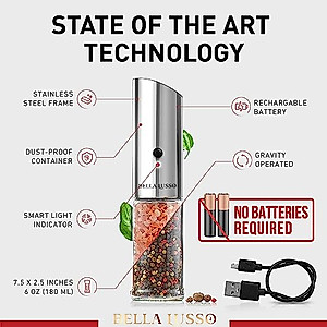 Gravity Electric Salt & Pepper Grinder Set - Adjustable Coarseness - Rechargeable Battery Powered - Refillable Glass Jars - Automatic Operation One Hand Spice Mill - Stainless Steel Kitchen Gadget