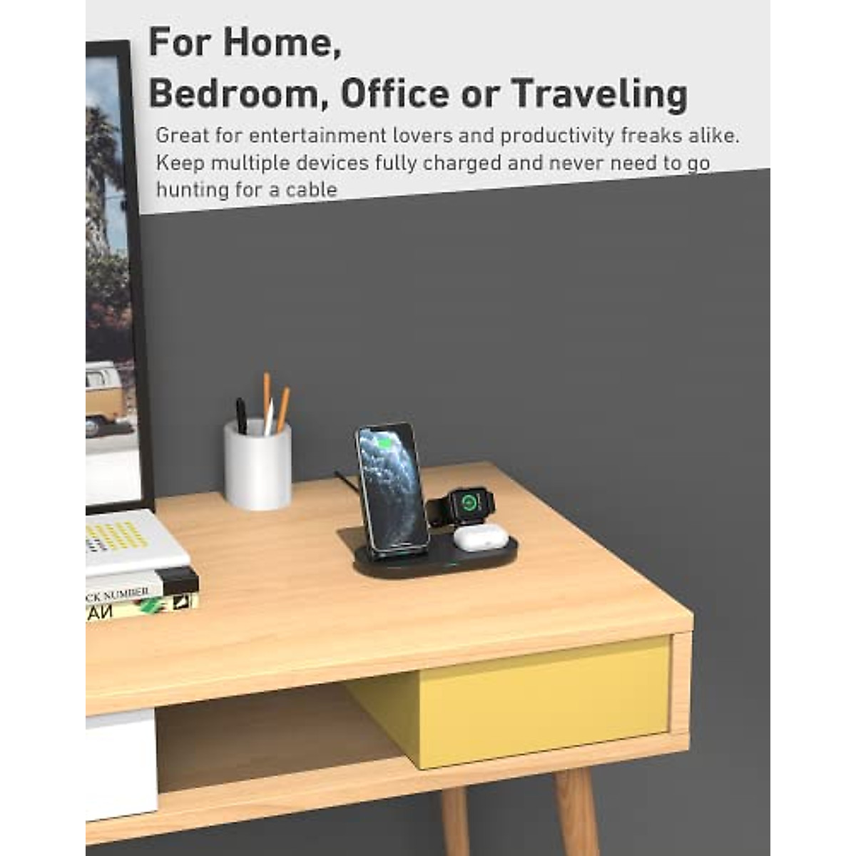 Wireless Charging Stand, 3 in 1 Wireless Charger Dock Station, Fast Wireless Charger 3 in 1 Compatible with Cell Phone, Smart Watch and TWS Earbuds (No AC Adapter)