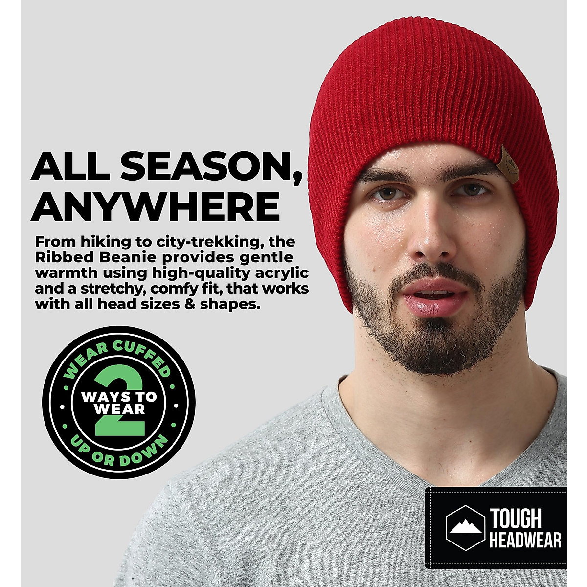 Tough Headwear Beanies for Men & Women - Knit Beanie, Warm & Soft Ribbed Beanie, Daily Knit Hat, Women & Mens Toboggan Hat for Cold Weather Maroon