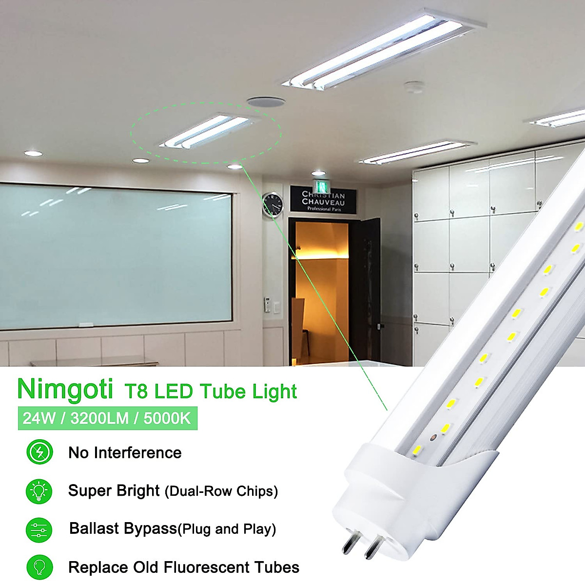 Nimgoti T8 LED Bulbs 4 Foot, 12-Pack 4FT LED Tube Light, 24W 3200LM, 5000K Daylight White, T8 Fluorescent Tube Replacement, Dual-Row Chips, Super Bright, Ballast Bypass, Dual-End Powered, Type B