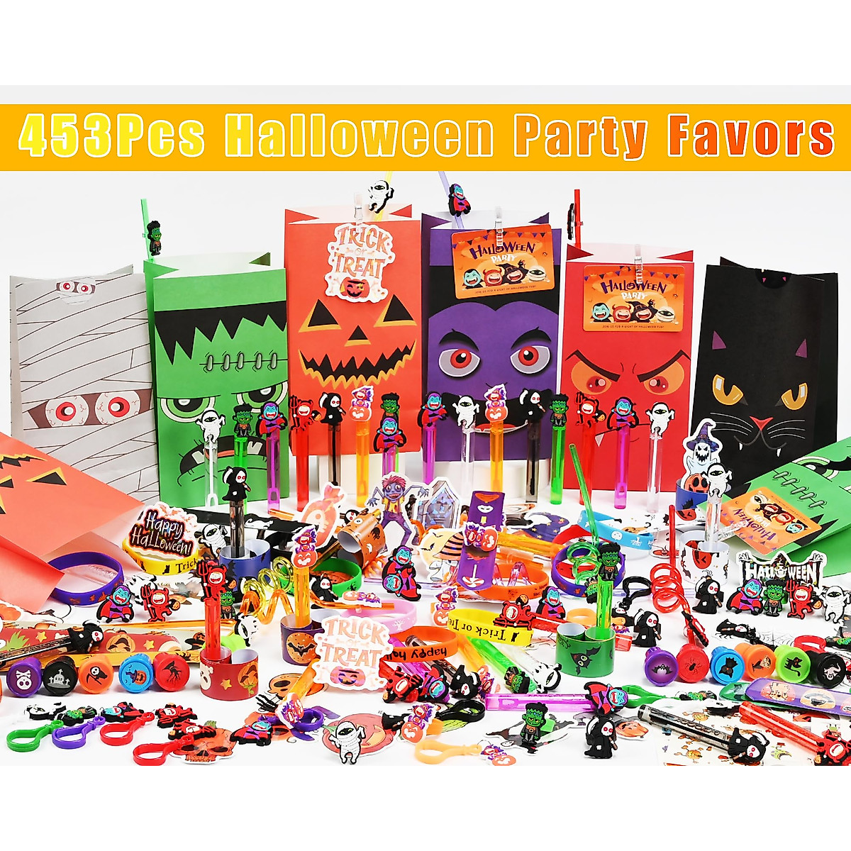 ONBKYGF 453PCS Halloween Party Favors Supplies Decorations, Halloween Treat or Trick Goodie Bags Pinata Fillers Stuffers Halloween Classroom Prizes Gifts for Kids