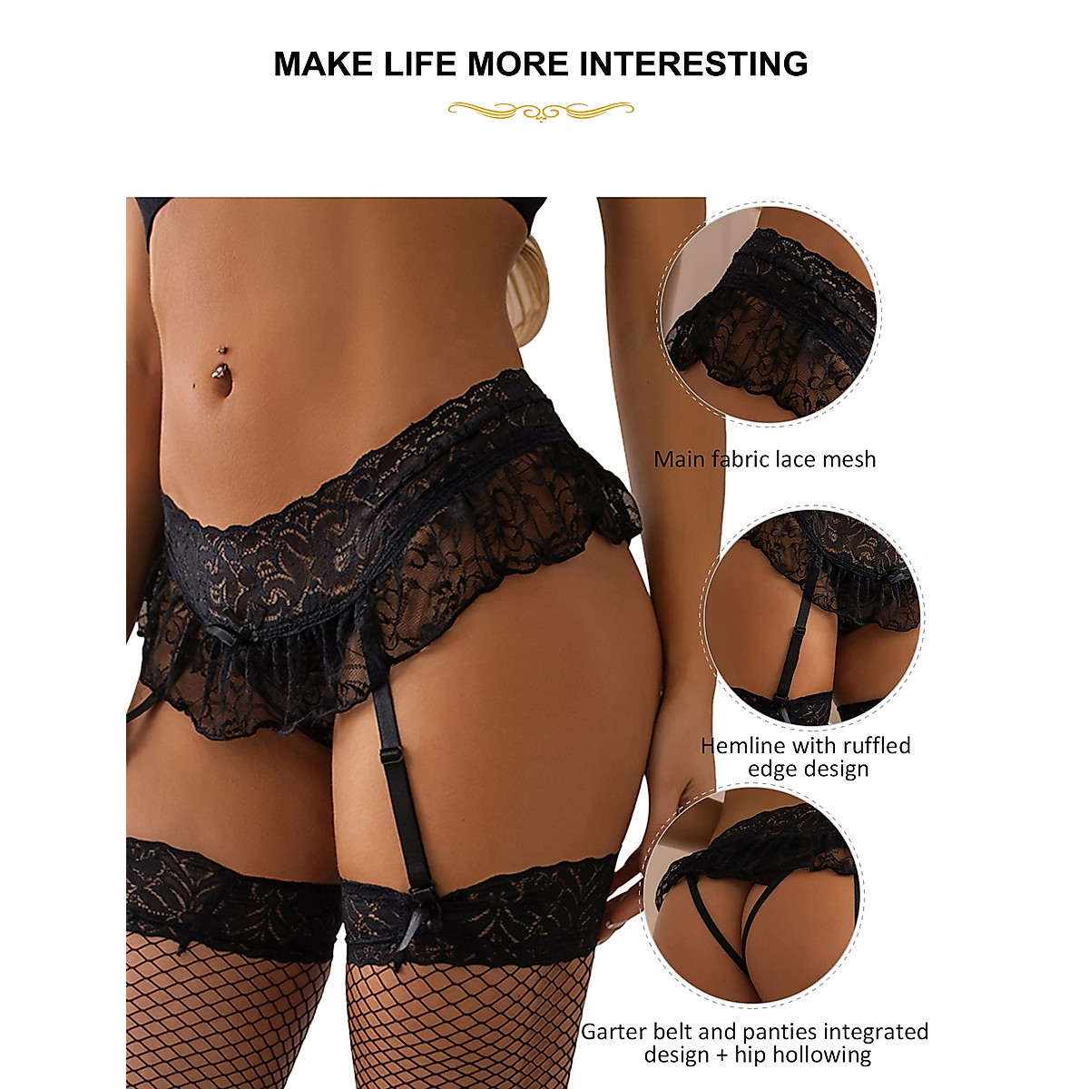 ohmydear Women High Waisted Garter Belt Plus Size Lace Garter Belt Set Mesh Suspender Belt for Stockings Black XL-2XL