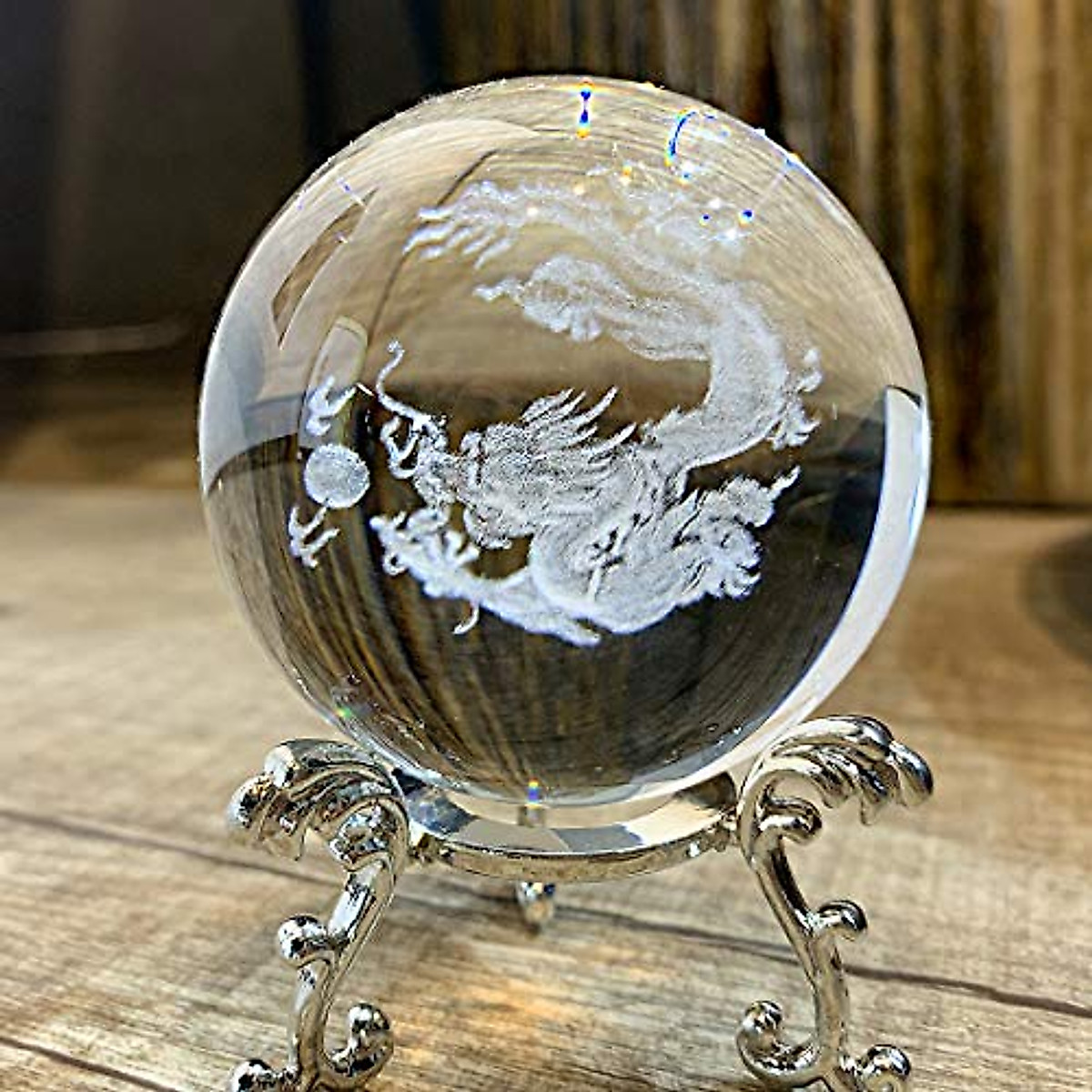 HDCRYSTALGIFTS Crystal 2.4 inch (60mm) Chinese Dragon Crystal Ball with Sliver-Plated Flowering Stand,Fengshui Glass Loong Ball Home Decoration
