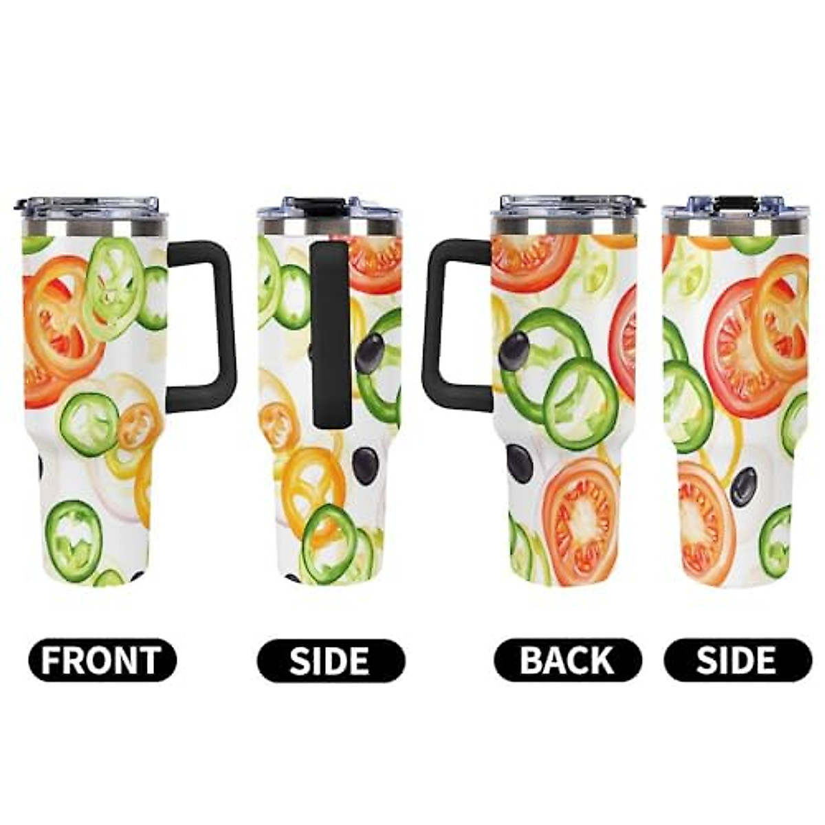 Sliced ​​Pepper Tomato Onion 40oz Water Bottle Double Wall Insulated Tumbler with Handle Leakproof Travel Mug Black-style