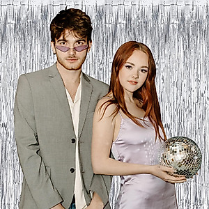 4 Pack 3.2ft x 8.2ft Silver Foil Fringe Curtain Backdrop Metallic Tinsel Foil Fringe Curtains Photo Booth Backdrop for Birthday Party Decorations Christmas Baby Shower Party Decorations (Silver)