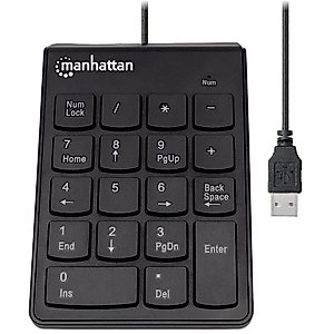 MANHATTAN Wired USB Numeric Keypad – 18 Full Size Keys & Ultra Slim Lightweight Ergonomic Number Pad Design - for Laptop, Desktop, Computer, PC – 3 Yr Mfg Warranty - Black, 179911