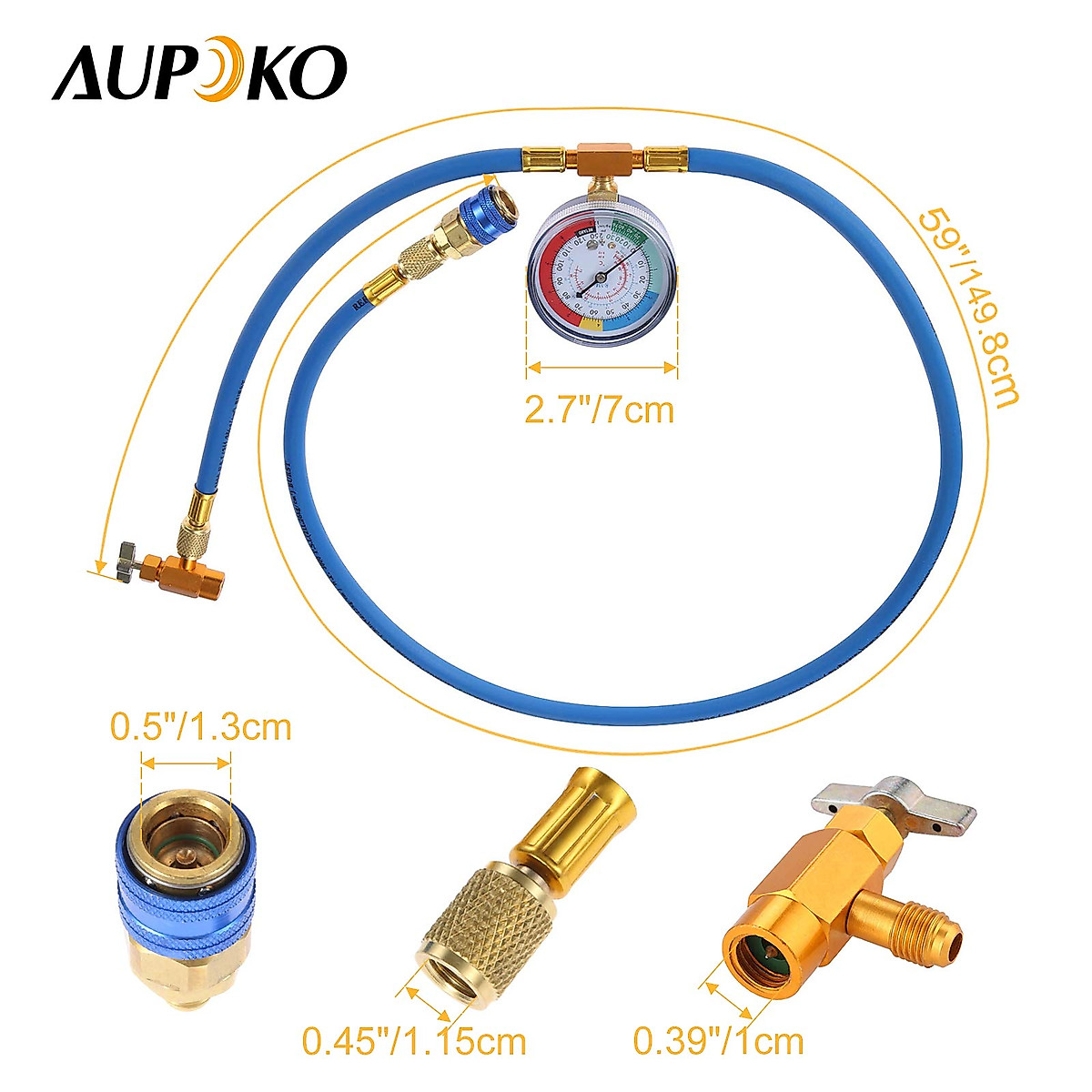 Aupoko R134A Car AC Refrigerant Charge Hose, AC Charge Hose with Gauge, R134A Can Tap Valve, R134A Quick Couple, Low Pressure Gauge and 59'' Recharge Hose