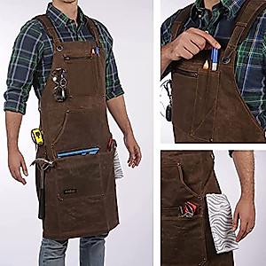 Woodworking Shop Apron - 16 oz Waxed Canvas Work Aprons | Metal Tape holder, Fully Adjustable to Comfortably Fit Men Size S to XXL | Tough Tool Apron to Give Protection, Ideal Fathers Day GIft for Dad