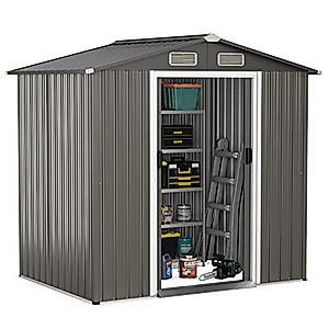 Giantex Outdoor Storage Shed 6 x 4 FT, Double Sliding Door, 4 Front and Back Vent, Galvanized Metal Garden Storage Room, Weather Resistant Tool Storage Shed for Backyard Patio Lawn (Gray)