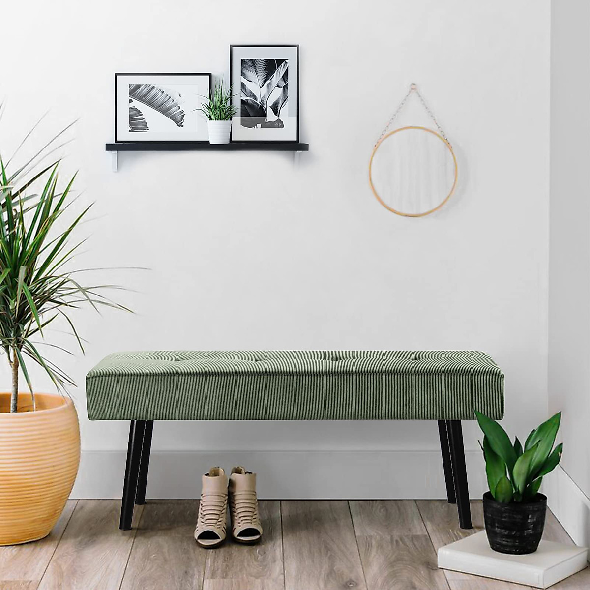 Comfy to go Entryway Bench - Green Bench for Bedroom, Modern Ottoman End of Bed, Corduroy Padded Benches for Living Room, Foyer, Mudroom, Hallway - 39" L x 14" W x 17" H