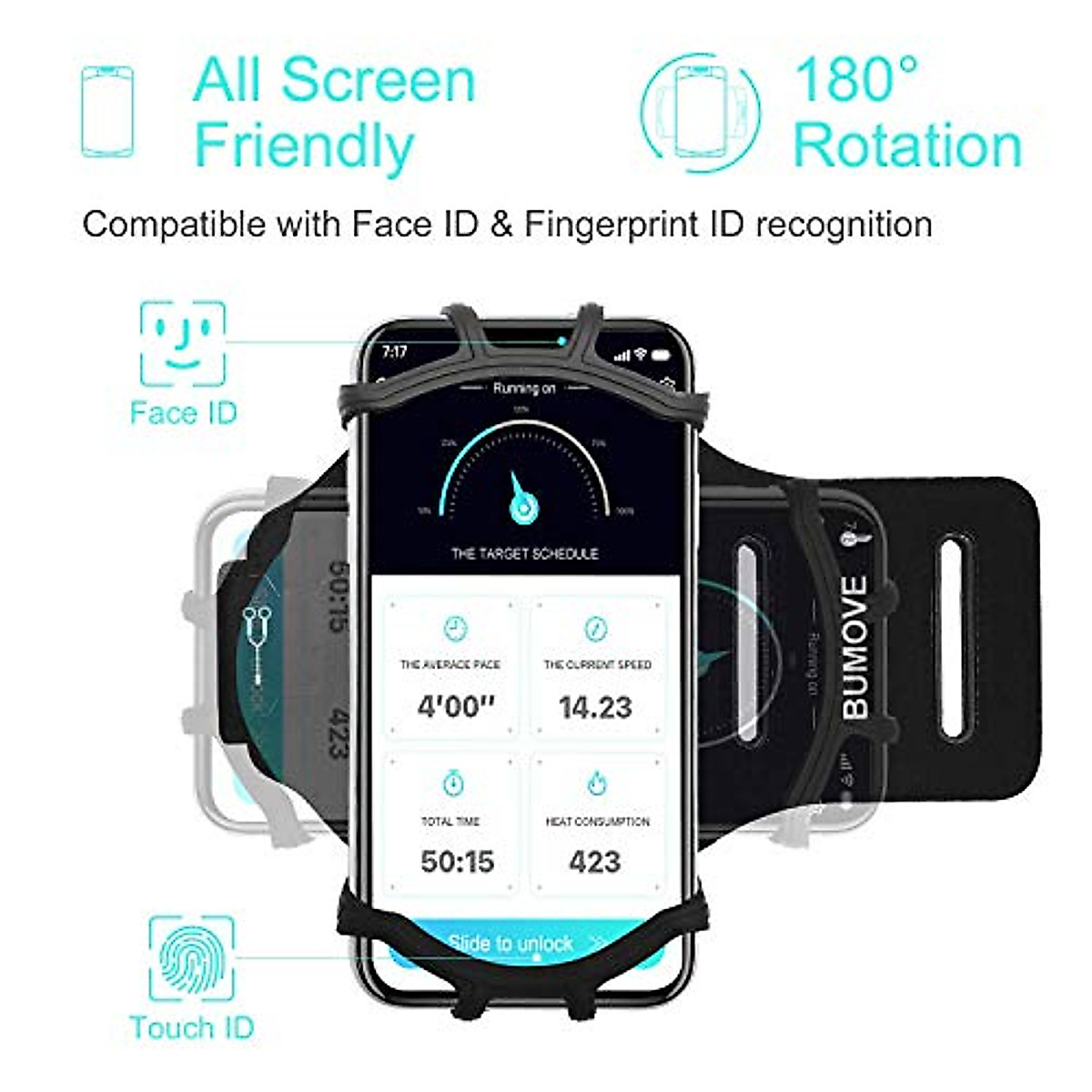 BUMOVE Running Armband for iPhone 15 14 13 12 Pro Max Plus, Samsung Galaxy S24 S23 S22 Ultra Note,Fits All 4-6.7 Inch Smart Phones, with Key Holder Arm Band (Black)