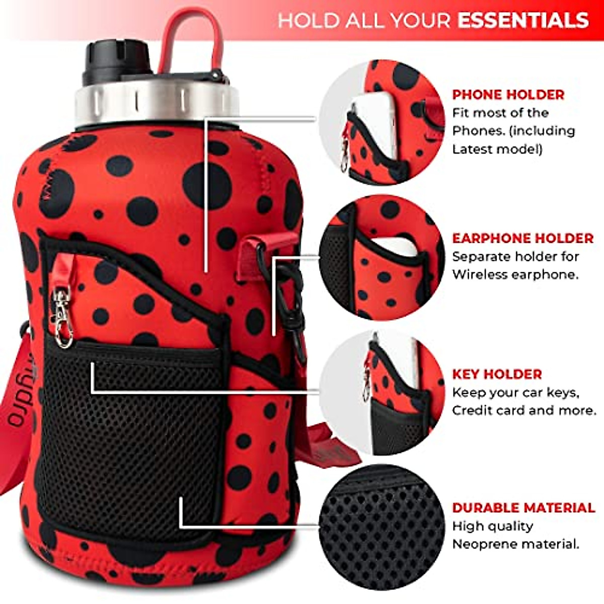 DR.HYDRO 3.2L Water Bottle One Gallon Sleeve Jug Insulated Neoprene Cover Large 108oz Holder with Shoulder Strap for Gym and Workout (Lady Bug)