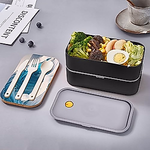 Cartoon Blue Sea Wave Adult Lunch Box, Bento Box, With Cutlery Set Of 3, 2 Compartments, Rectangular, Lunch Box For Adults
