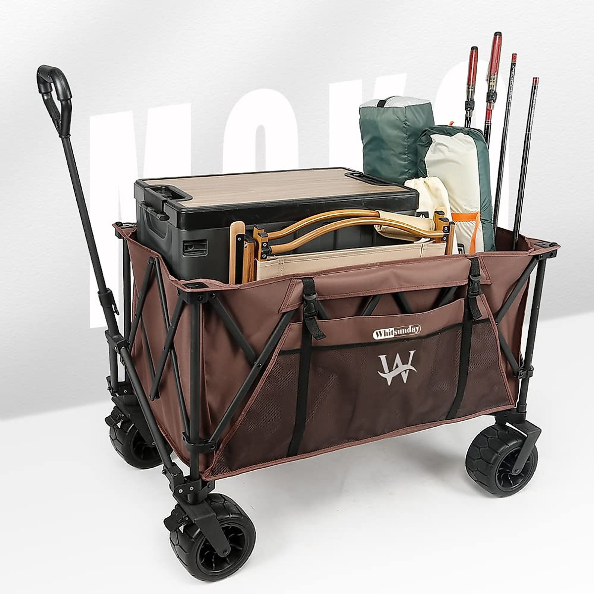 Whitsunday Heavy Duty Collapsible Wagon Cart, 380lb Load-Bearing Utility Wagon Cart with Big All Terrain Wheels, Folding Outdoor Wagon with Side Pocket for Beach, Camping, Outdoor Brown