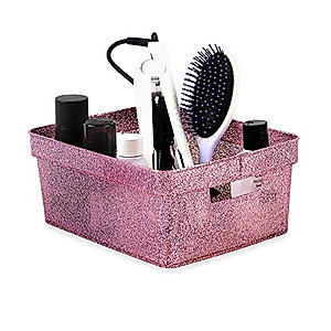Isaac Jacobs Small Glitter Storage Bin (10” x 7.5” x 4.25”) Set w/Cut-Out Handles, Plastic Organizer, Multi-Functional, Home Storage Solution, Kids Playroom, Bedroom, Closet (4, Pink)
