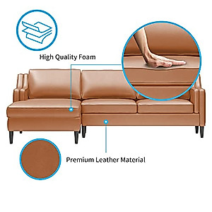 Mjkone Top Grain Leather Sectional Sofa Couch, Luxurious Upholstered Couches with Left Facing Chaise, Modular Lounge ＆ 2-Seater Couch Set for Living Room Apartment Office (Cognac Tan)