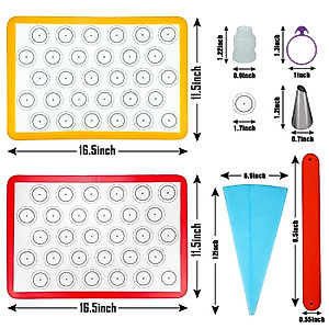 Tailpa Macaron Baking Kit Silicone Mat(22 Pcs Set), Macaron Baking Supplies, Baking Set of 2 Half Sheet Macaron Silicone Mats (16.5"x11.5"), 14 Piping Tip, 2 Piping Bag,2 Bag Tie, 2 Coupler