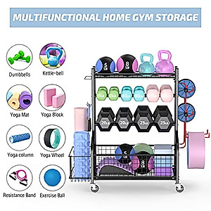 PLKOW Dumbbell Weight Rack, Home Gym Storage for Kettlebells Yoga Mat and Balls, All in One Workout Storage with Wheels and Hooks, Powder Coated Finish Steel