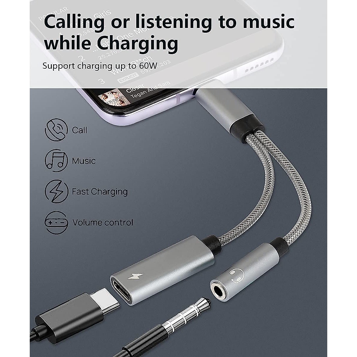 Feipu USB C to 3.5mm Headphone and Charger Adapter, 2 in 1 Jack Adapter Hi-Res DAC Fast Charging Dongle Cord Compatible with Google Pixel 5 4 3 XL, Galaxy S21/S21+ Note 10/20, Gray