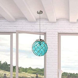 Elegant Designs PT1003-AQU Buoy Netted Brushed Nickel Coastal Ocean Sea Glass Pendant with Natural Rope, Aqua