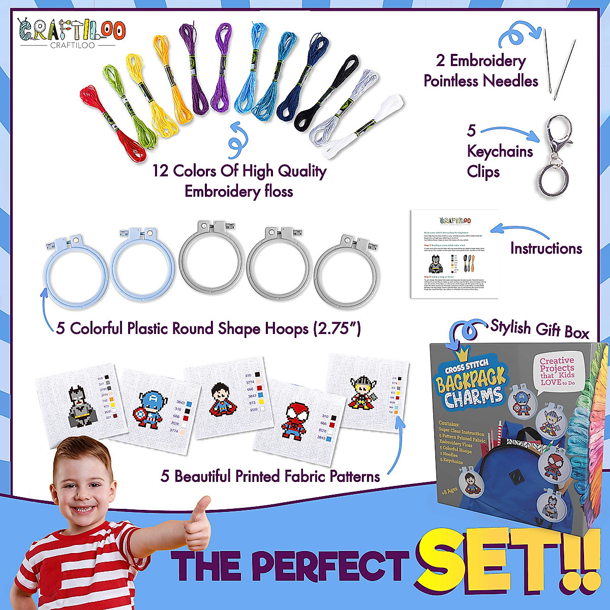 5 Stamped Superhero Cross Stitch Beginner Projects for Kids Needlepoint Starter kit Sewing Set for Backpack Charms…