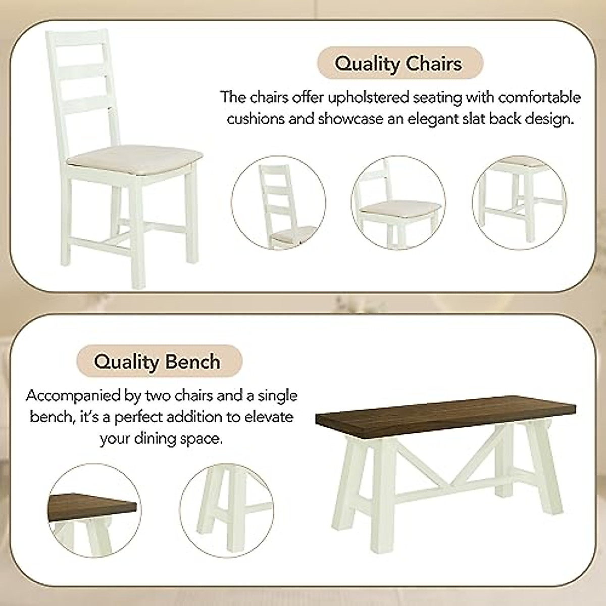 LUMISOL 4 Piece Dining Table Set with Bench for Small Space Solid Wood Kitchen Dining Room Set for 4 Persons, Farmhouse Rustic Dining Set