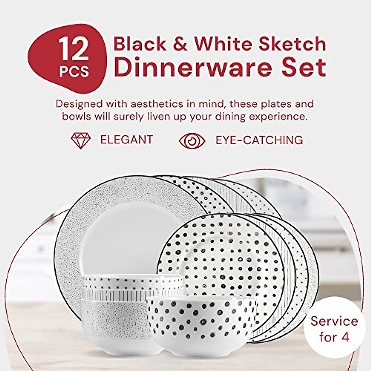 Safdie & Co. - Black & White Sketch Plates and Bowls Sets, Modern Dinnerware Set, Kitchen Dinnerware Sets, Indoor and Outdoor Plates, 12-Piece Kitchen Plates and Bowls Set, Dishwasher Safe