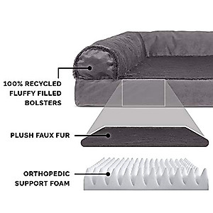Furhaven XL Orthopedic Dog Bed Plush & Velvet L Shaped Chaise w/ Removable Washable Cover - Platinum Gray, Jumbo (X-Large)