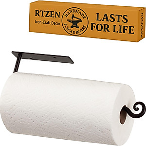 RTZEN Under Cabinet Paper Towel Holder - Wrought Iron Cute Black Farmhouse Decor Inside Cabinet or Under Counter - Paper Towel Holder for Kitchen or Under Sink Paper Towel Holder for Bathroom