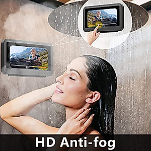 Shower Phone Holder Waterproof - Anti Fog High Sensitivity Touch Screen, 360°Rotation Wall Mount Shower Case for Phone for Bathroom Wall Mirror Bathtub Kitchen, Compatible with Under 7 Inch(Black)