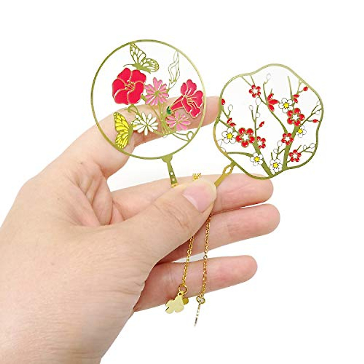 yueton Metal Hollow Bookmarks Plum Blossom Bookmarkers Rose Gold Plated Brass Page Marker with Metal Pendant for Book Lovers 2Pcs