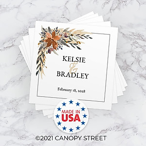 Indie Autumn Floral Personalized Wedding Beverage Napkins / 100 Custom 4 3/4" x 4 3/4" Boho Floral Cocktail 3 Ply Napkins/Bridal Shower Engagement Party Supplies/Made In The USA