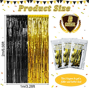 3Pack 3.3Ft x 6.6Ft Graduation Foil Fringe Curtain Backdrop Decorations, Black Gold Metallic Tinsel Foil Streamers Curtain Photo Booth Background for Graduation Prom Wedding Birthday Party Decorations