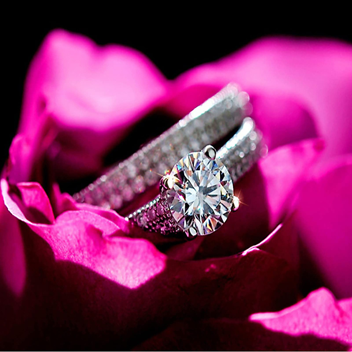 Stainless Steel Ring Sets Fashion Diamond Ring Set for Women Engagement Ring Jewelry Gifts (Silver, 7)