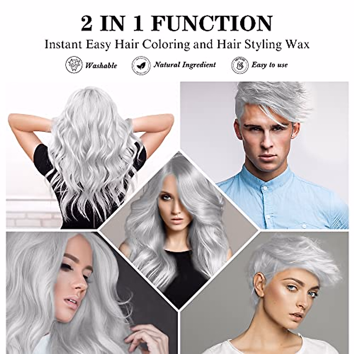 Temporary Silver White Hair Spray Color Wax with Dye Brush, Instant Natural Hairstyle Cream 4.23 oz, Disposable Coloring Mud for Men Women, Washable Styling Pomades, Party Cosplay DIY Halloween