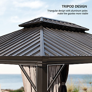 Ulax Furniture 12' x 16' Outdoor Gazebo Patio Permanent Hardtop Pergola with Aluminum Frame Galvanized Steel Double Roof Mosquito Net and Privacy Curtain