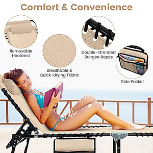 Tangkula Beach Lounge Chair for Outside, Folding Chaise Lounge Outdoor with 4-Position Backrest, Removable Headrest and Side Pocket, Portable Sunbathing Tanning Chair for Patio, Poolside (1, Beige)