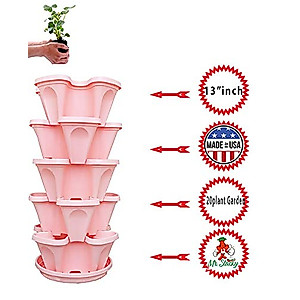 5-Tier Pink Strawberry and Herb Garden Planter - Stackable Gardening Pots with 10 Inch Saucer