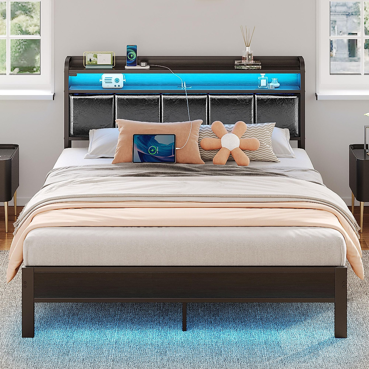 Rolanstar Bed Frame Queen Size with Charging Station and LED Lights, PU Leather Headboard with Storage Shelves, Heavy Duty Metal Slats, No Box Spring Need, Noise Free, Easy Assembly, Black