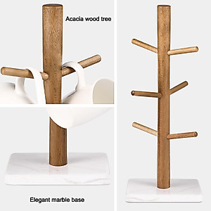 Buruis Wood Mug Holder, Marble Base Cup Rack Tree, Mug Stand Hanger, Kitchen Coffee Mug Tree Countertop Tea Cups Holder Stand, Coffee Cup Dryer with 6 Hooks