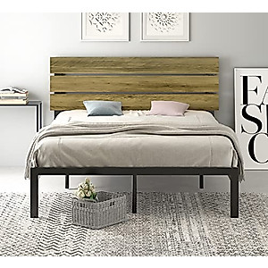 SHA CERLIN Queen Size Bed Frame, Metal Platform Bed with Wooden Headboard and Strong Metal Slats, Mattress Foundation, Rustic Country Style, No Box Spring Needed, Light Brown