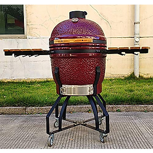 RJMOLU 21" Big BBQ Grill, Smoker, Roaster and Grill with 2 Foldable Wooden Side Shelves, Multifunctional Ceramic Barbecue Grill for Picnic Garden Terrace Camping Travel