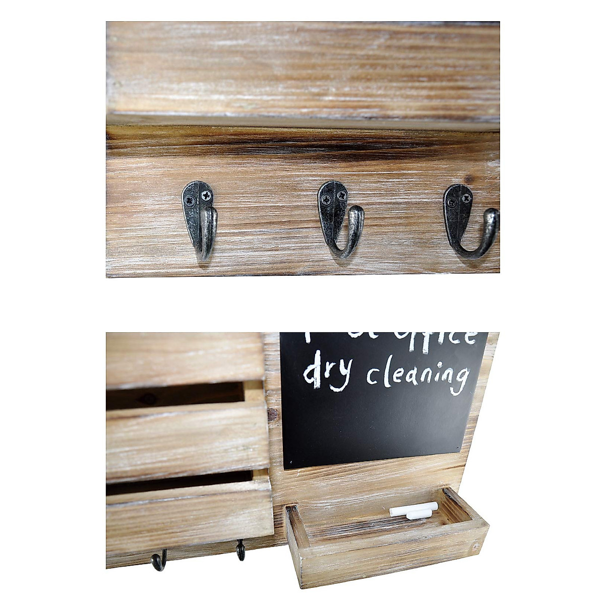 DUCIHBA Key Hooks Holder, Entryway Mail Sorter Envelope Organizer Chalkboard, Leash Purse Hanging Rack, Home Decorative Wall Floating Shelf, 16.5” W x 12" H x 4” D, Rustic Wood Grey