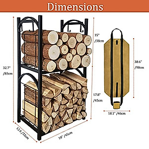 luseiya 2 Tiers Firewood Log Storage Rack with Carrier - Wood Holders, Wood Stacking Rack for Indoor Fireplace or Outdoor Patio for Wood Stove, Hearth, Fire Pit, Black