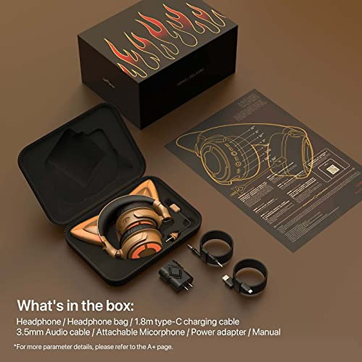 YOWU Cat Ear Headphones Rave, Created with Mariana BO, Hi-Fi Gaming Headset with Attachable HD Mic -Active Noise Reduction, 50mm Coaxial Speaker & Customizable Lighting and Effect via APP (Golden)