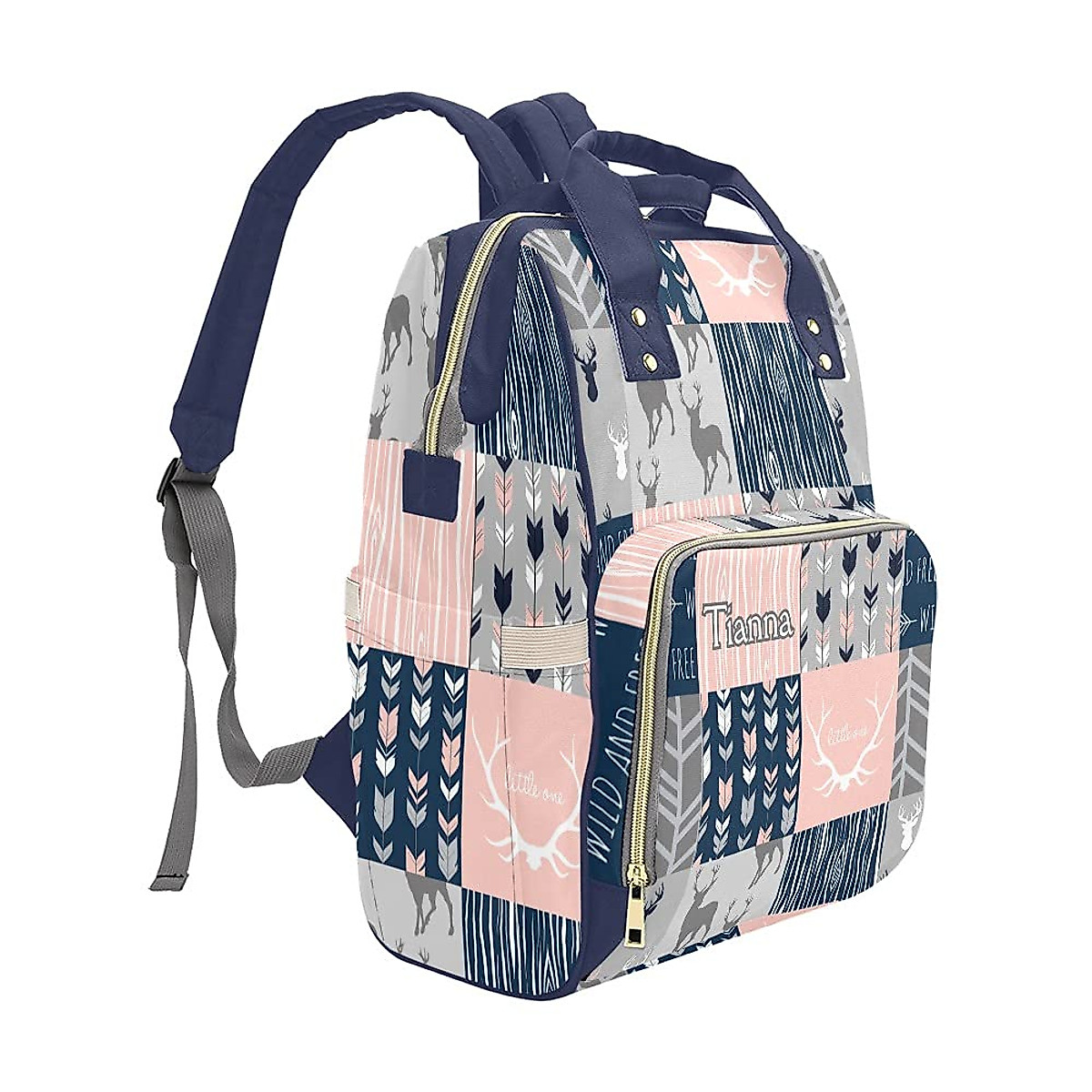 Antlers Elk Deer Feather Arrow Patchwork Blue Diaper Bags with Name Waterproof Mummy Backpack Nappy Nursing Baby Bags Gifts Tote Bag for Women