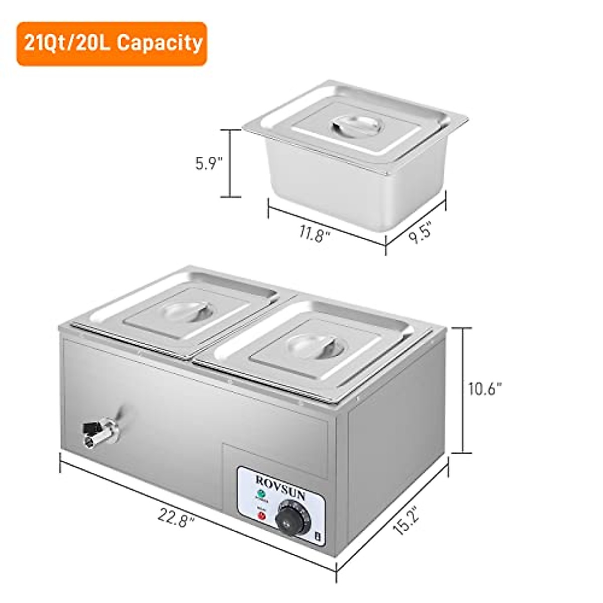 ROVSUN 21QT 2-Pan Electric Commercial Food Warmer, 110V Stainless Steel Bain Marie Buffet, 10.6 QT/Pan Stove Steam Table with Temperature Control & Lid for Parties, Catering, Restaurants